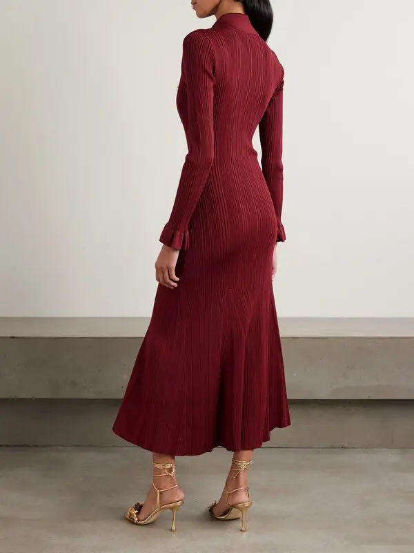 Self-Portrait Button-Embellished Ribbed-Knit Midi Dress In Burgundy - 20%  Off | Editorialist