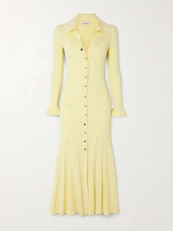 SELF-PORTRAIT Button-embellished Ribbed-knit Midi Dress - Yellow