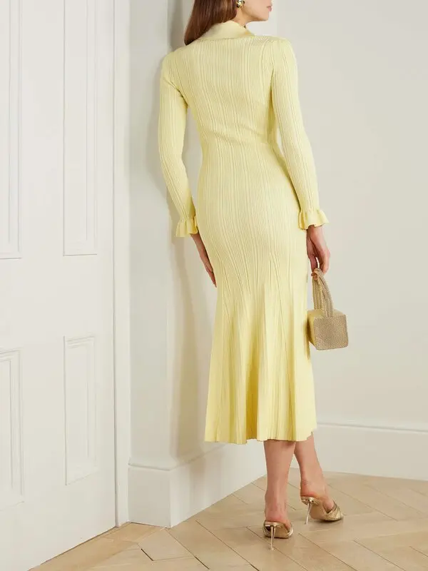 SELF-PORTRAIT Button-embellished Ribbed-knit Midi Dress - Yellow