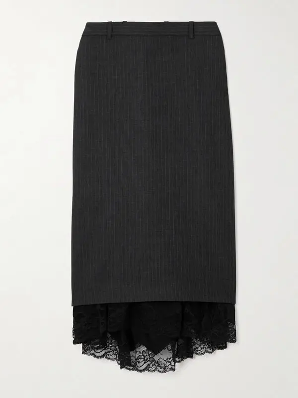Balenciaga Pinstriped Wool Midi Skirt With Lace Trim