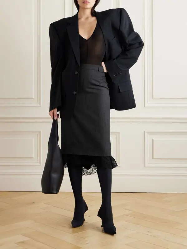 Balenciaga Pinstriped Wool Midi Skirt With Lace Trim