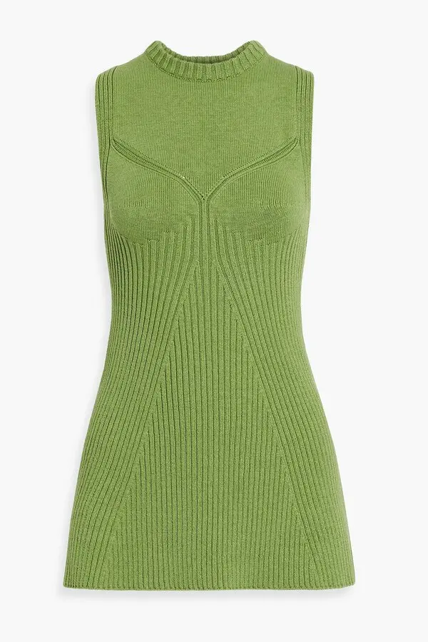 JIL SANDER Ribbed Cotton-blend Top With Pointelle Trims - Leaf Green