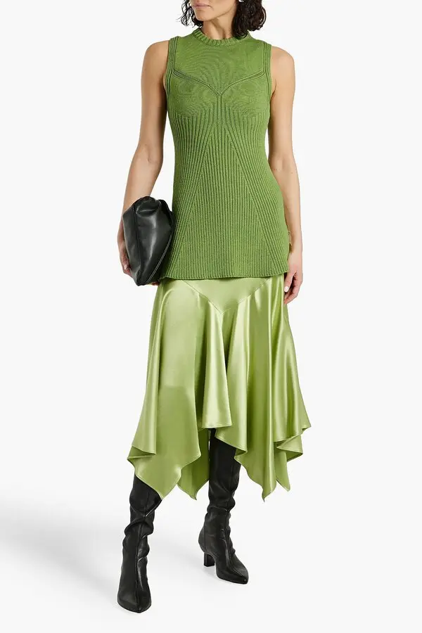 JIL SANDER Ribbed Cotton-blend Top With Pointelle Trims - Leaf Green