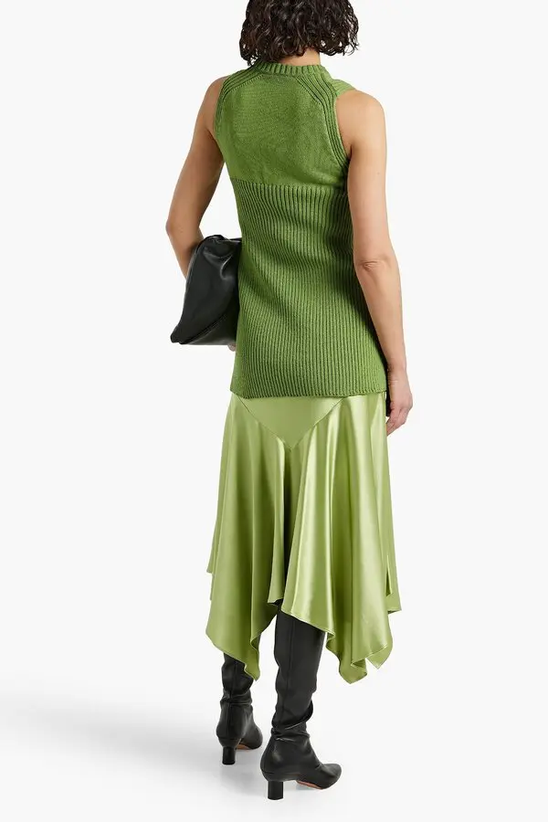 JIL SANDER Ribbed Cotton-blend Top With Pointelle Trims - Leaf Green