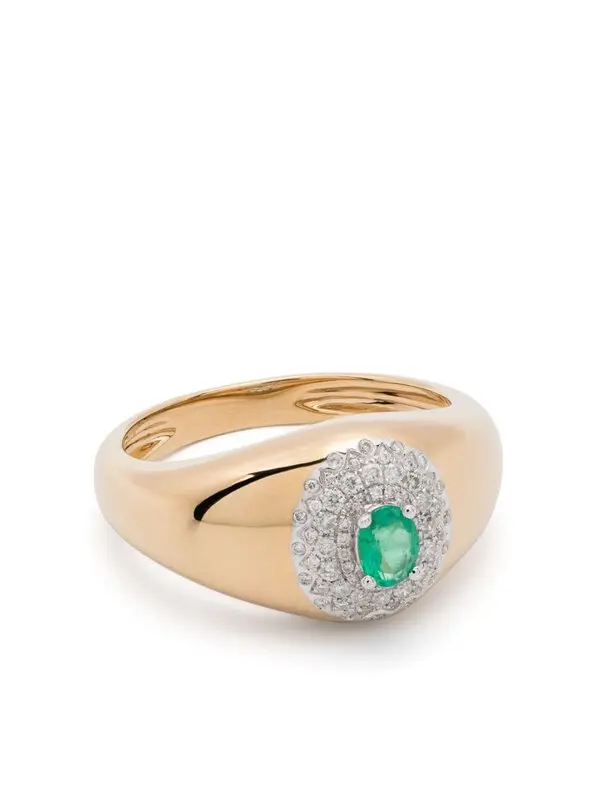 Yvonne Léon 18kt Yellow Mini Chevalière Pompadour Diamond And Emerald Signet Ring - Gold