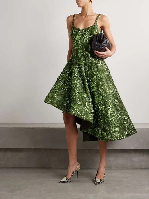 Jason Wu Asymmetric Embellished Metallic Cloqu Gown - Dark Green |  Editorialist