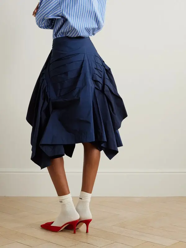 Dries Van Noten Asymmetric Pintucked Taffeta Midi Skirt In Blue
