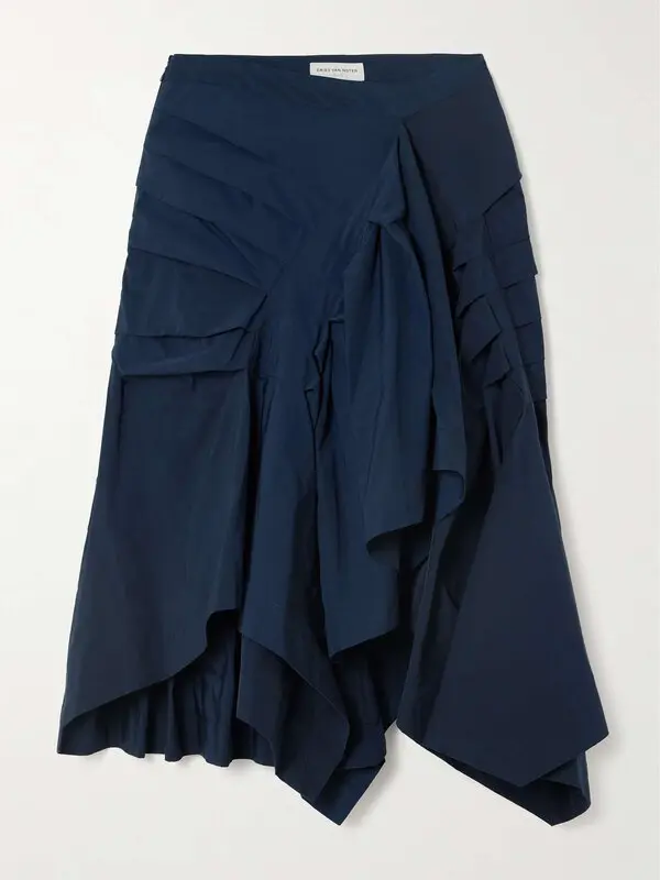 Dries Van Noten Asymmetric Pintucked Taffeta Midi Skirt In Blue