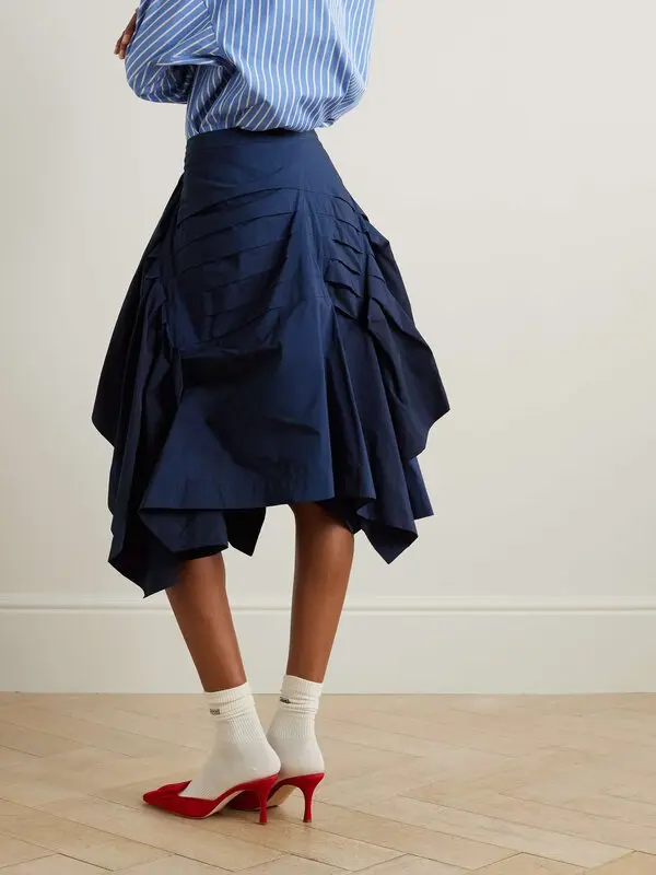 Dries Van Noten Asymmetric Pintucked Taffeta Midi Skirt In Blue