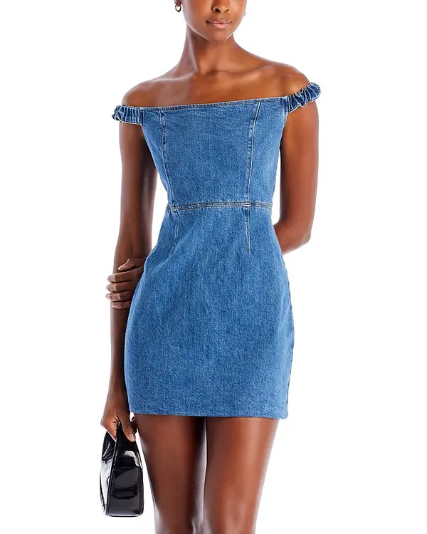 Aqua Off-The-Shoulder Denim Dress Exclusive In Dark Wash - 75% Off |  Editorialist