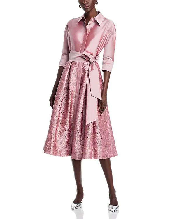 Rickie Freeman For Teri Jon Embroidered Sash Belt Shirt Dress - Dusty Pink