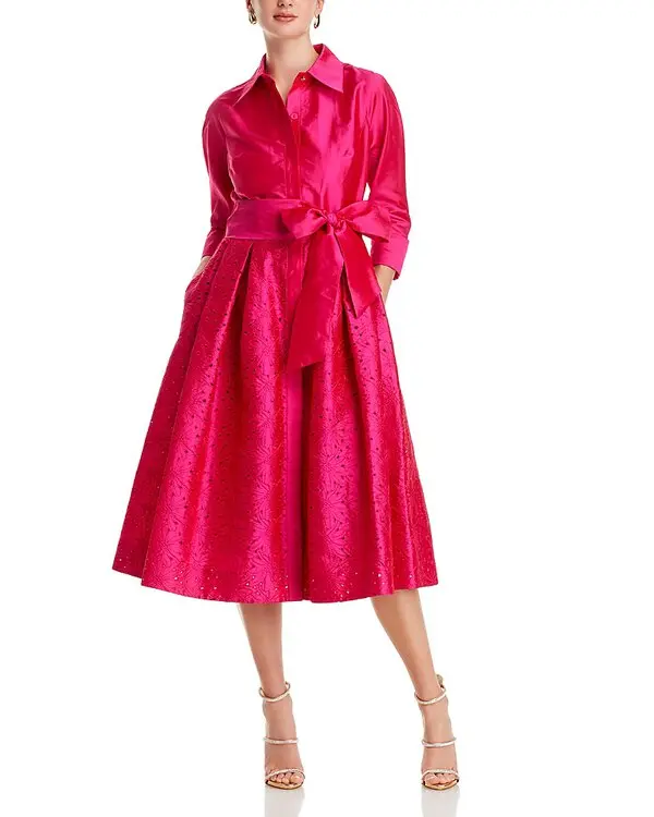 Rickie Freeman For Teri Jon Embroidered Sash Belt Shirt Dress - Hot Pink