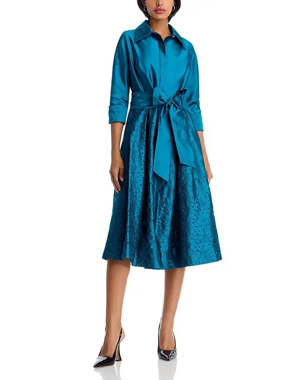 Rickie Freeman For Teri Jon Embroidered Sash Belt Shirt Dress - Teal