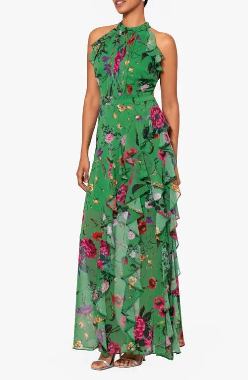 Betsy & Adam Floral Print Metallic Ruffle Gown