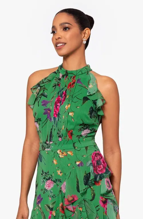 Betsy & Adam Floral Print Metallic Ruffle Gown