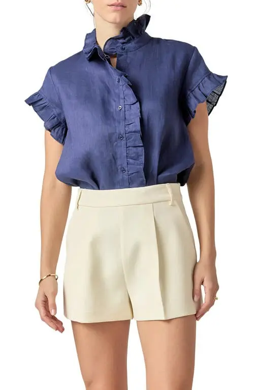 English Factory Ruffle Trim Linen Shirt - Navy