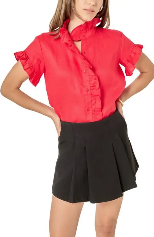 English Factory Ruffle Trim Linen Shirt - Red