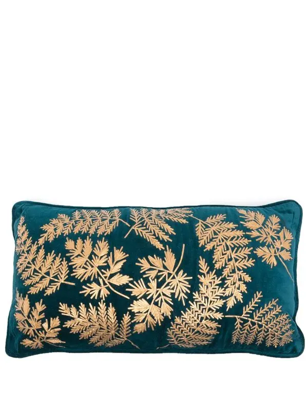 LES-OTTOMANS X Browns Leaves-embroidered Velvet Cushion - Blue