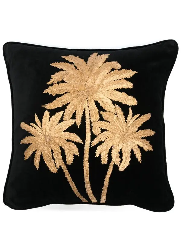 LES-OTTOMANS X Browns Embroidered Palms Velvet Cushion - Black