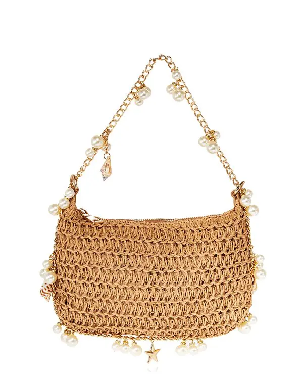 Aqua Seashell Raffia Shoulder Bag - Natural
