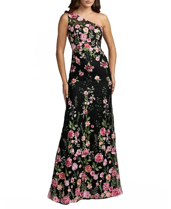 Mac Duggal One-shoulder Embroidered Lace Gown - Black Multi