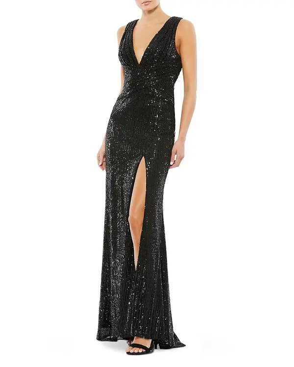 Mac Duggal V-neck Sequin Wrap Waist Gown - Black
