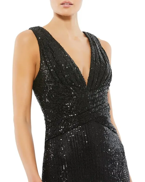 Mac Duggal V-neck Sequin Wrap Waist Gown - Black