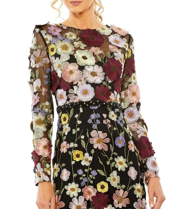 Mac Duggal High Neck Floral Embellished A-line Dress