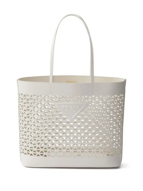 Prada Leather Logo-perforated Tote Bag - White