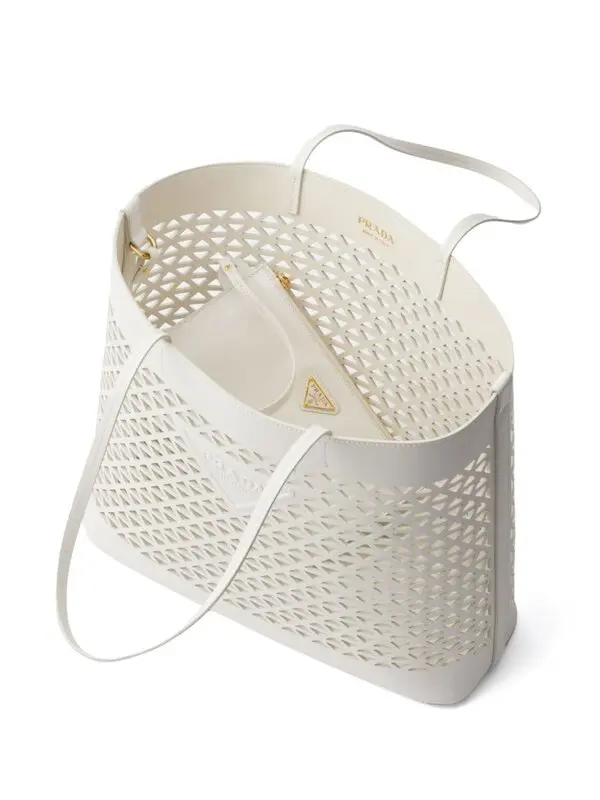Prada Leather Logo-perforated Tote Bag - White