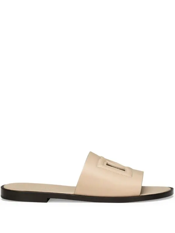 Dolce & Gabbana Embossed-logo Leather Slides - Neutrals