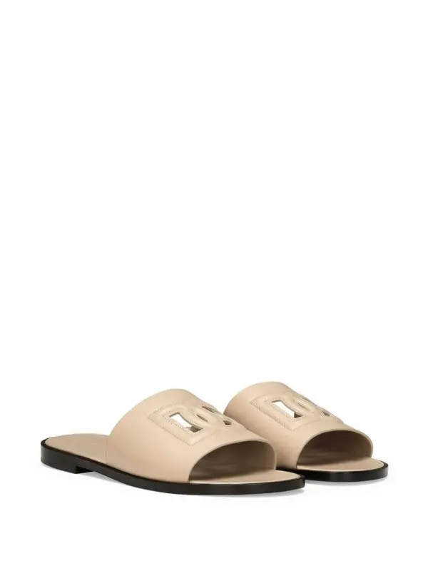 Dolce & Gabbana Embossed-logo Leather Slides - Neutrals