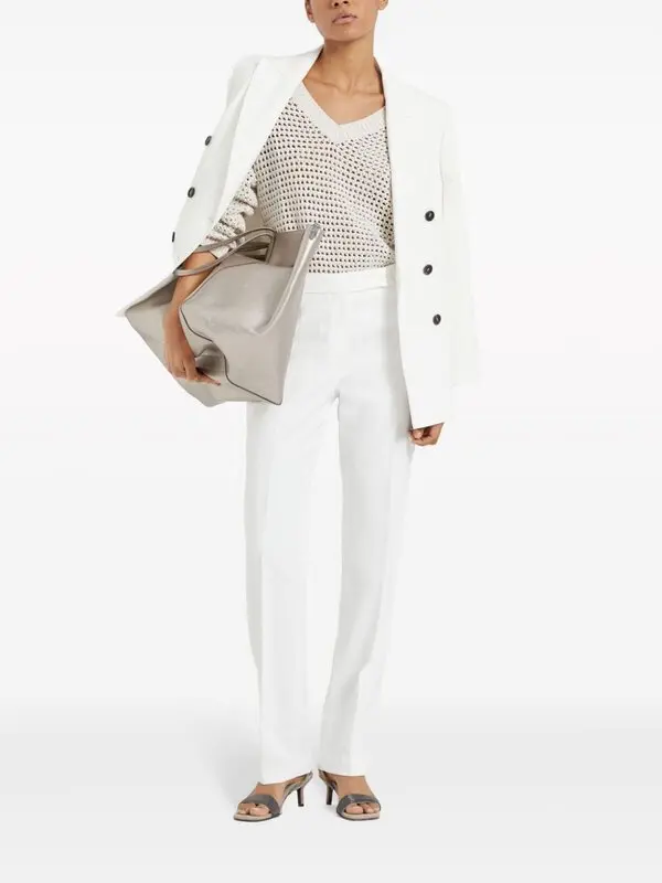 Brunello Cucinelli Cotton Tailored Straight Trousers With Monili Chain Detail