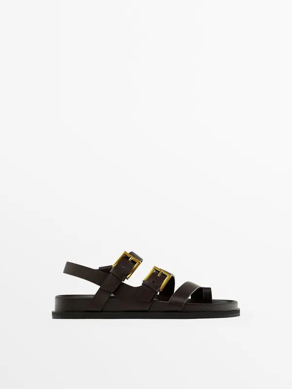 Massimo Dutti Flat Buckled Sandals - Brown | Editorialist