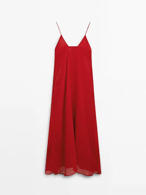Massimo Dutti Long Strappy Dress With Neckline Detail - Red