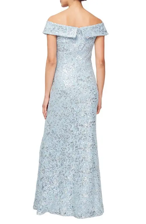 Alex Evenings Floral Embroidered Sequin Off The Shoulder Gown