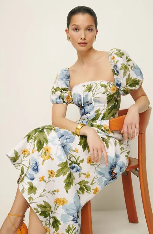 Reformation Marella Floral Midi Linen A-Line Dress In Botanist - 40% Off |  Editorialist