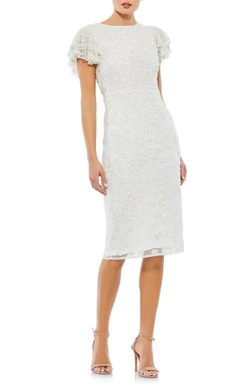 Mac Duggal Beaded Ruffle Sleeve Midi Sheath Cocktail Dress - White |  Editorialist