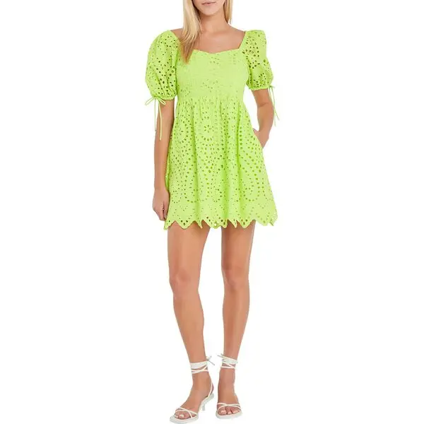 English Factory Scallop Hem Eyelet Minidress - Lime