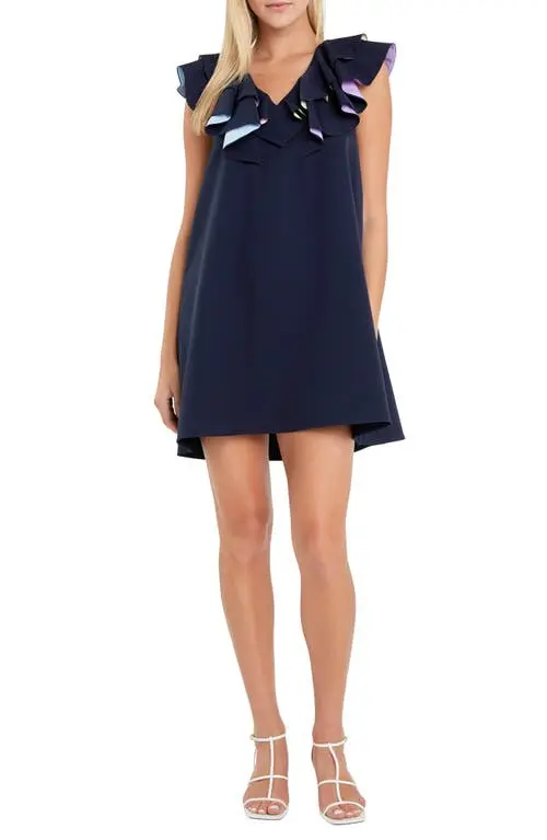 English Factory Lined Ruffle Shift Dress - Navy Multi