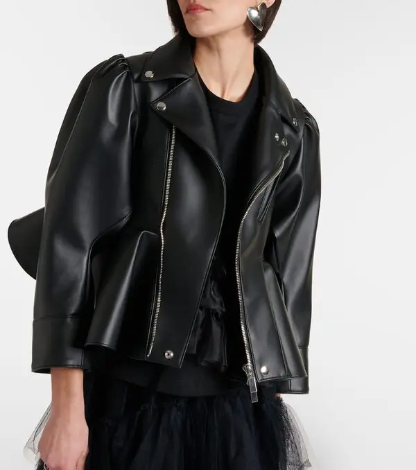 Noir Kei Ninomiya Peplum Faux Leather Biker Jacket In Black - 30