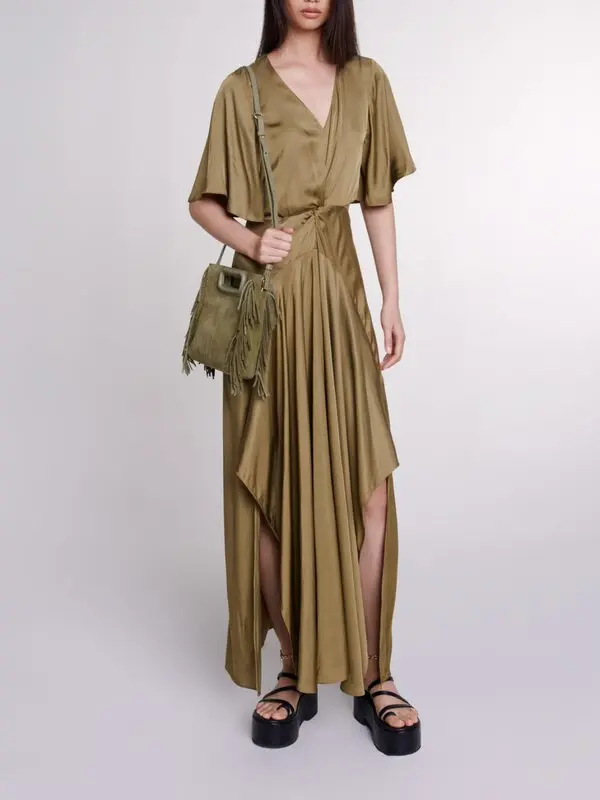 Maje Openwork Satin-effect Maxi Dress - Khaki