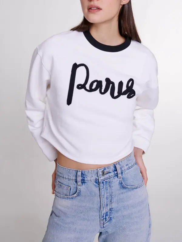 Maje Cropped Sweatshirt With "paris" Appliqu