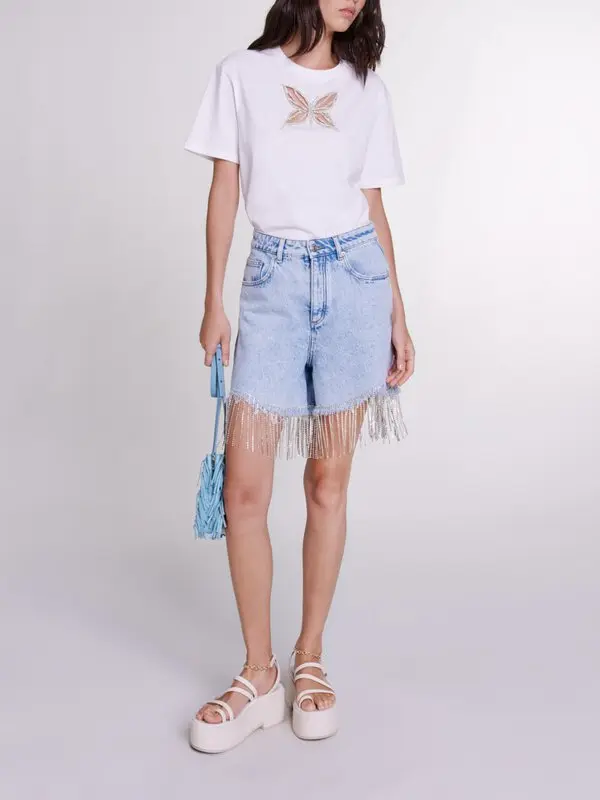 Maje Rhinestone Denim Shorts - Light Blue