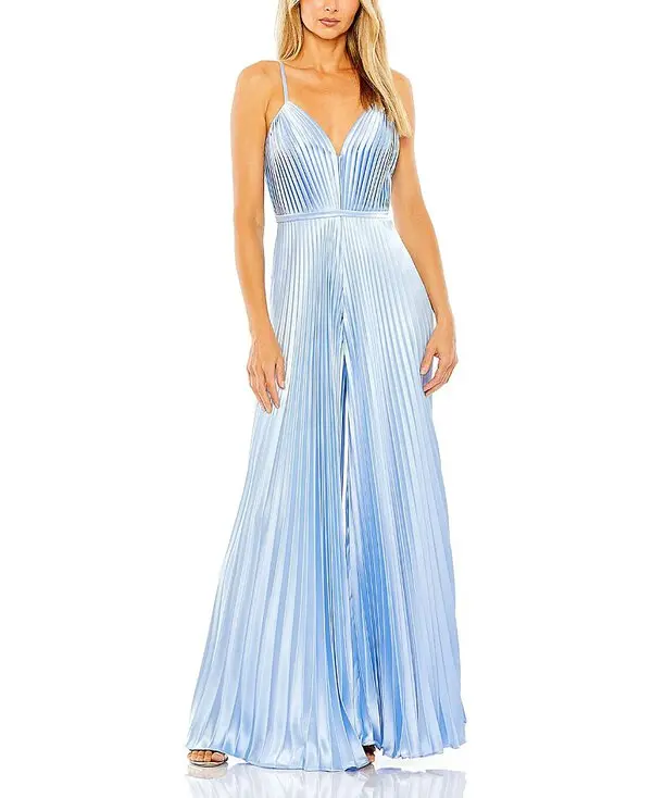 Mac Duggal Pleated Plunge Neck Wide Leg Jumpsuit - Blue