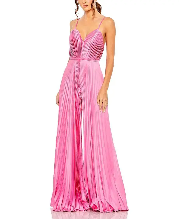 Mac Duggal Pleated Plunge Neck Wide Leg Jumpsuit - Pink