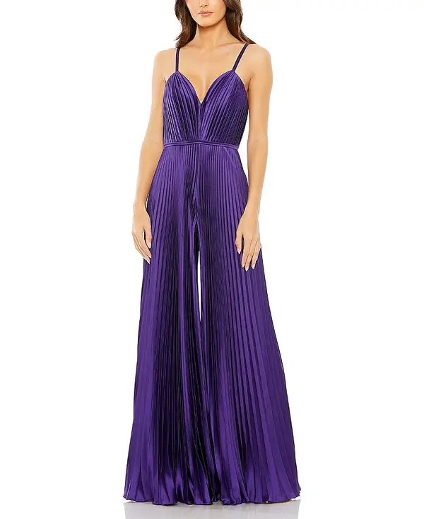 Mac Duggal Pleated Plunge Neck Wide Leg Jumpsuit - Purple