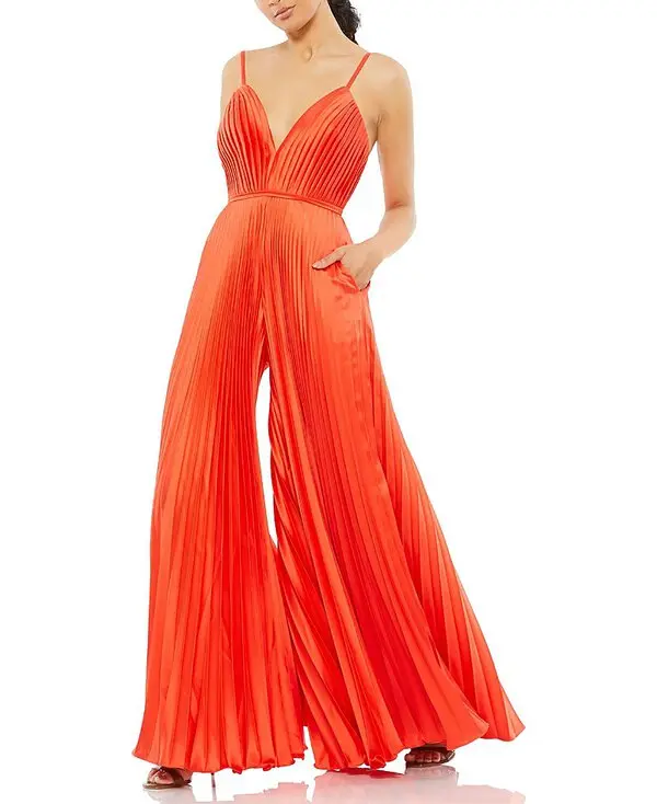 Mac Duggal Pleated Plunge Neck Wide Leg Jumpsuit - Tangerine