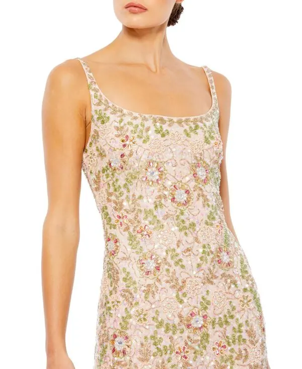 Hand Beaded Floral Midi Dress - Nude Multi