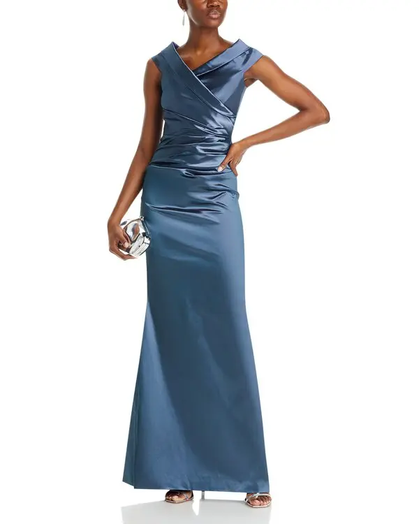 Rickie Freeman For Teri Jon Ruched Cape Neck Gown - Slate